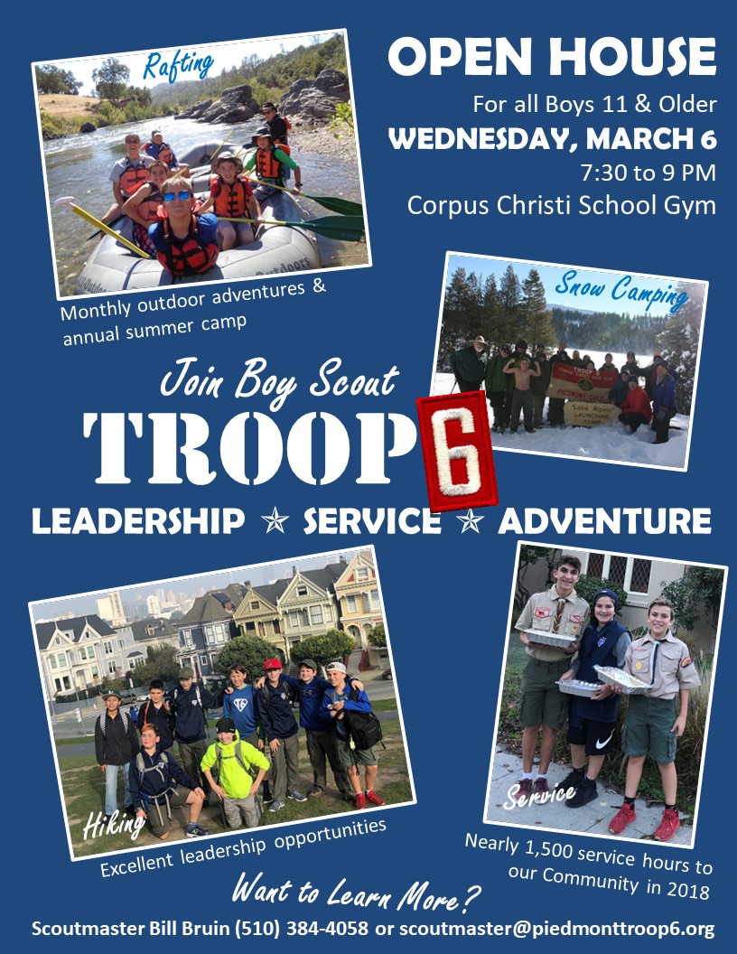 T6 Open House – March 6, 7:30p – Troop 6, Piedmont Council BSA